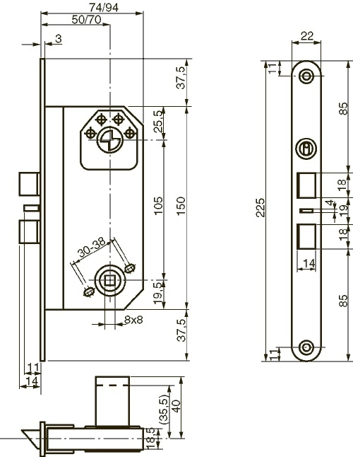 560 Modullåsekasse Højre/ vendbar, Dornmål 50 mm